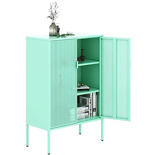 COFaR Mint Green Metal Cabinet,Metal Locker Storage Cabinet with Doors and Shelves,Multipurpose Storage Rack,3-Tier Office Cabinet,Metal Storage Cabinet for Home Office