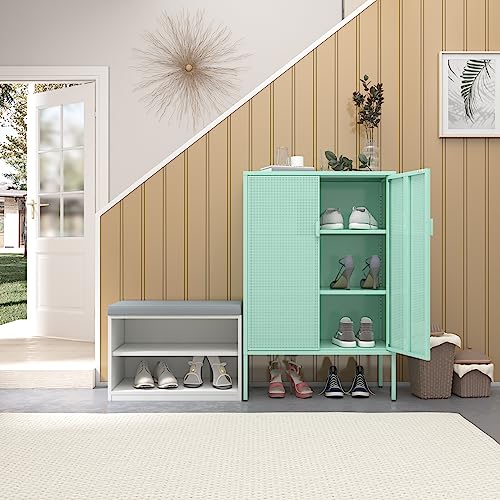 COFaR Mint Green Metal Cabinet,Metal Locker Storage Cabinet with Doors and Shelves,Multipurpose Storage Rack,3-Tier Office Cabinet,Metal Storage Cabinet for Home Office