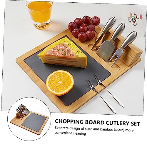 BESTonZON 1 Set Slate Knife and Fork Set Wooden Cutting Boards Dinette Set Fruit Tray Platter Bamboo Cheese Board with Cutlery Set Charcuterie Cutlery Knife Cheese Board Platter Tableware