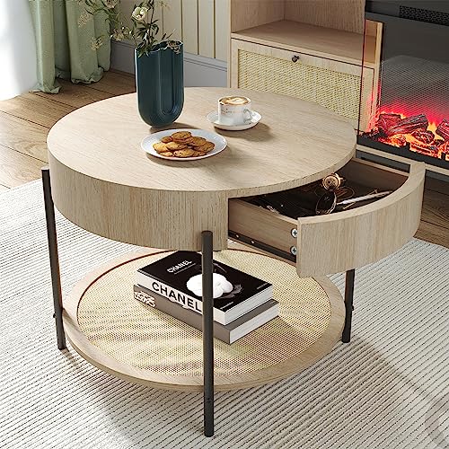 Yechen Round Coffee Table with Natural Rattan Woven Shelf and One Drawer, Boho Coffee Table, Rattan Coffee Table, Coffee Tables for Living Room, Metal Legs, Nature