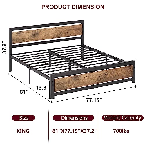 Amyove King Size Bed Frame with Wooden Headboard, 14 inch King Metal Bed Platform No Box Spring Needed with Heavy Duty Steel Slat, Easy to Assemble Noise Free Mattress Foundation - King