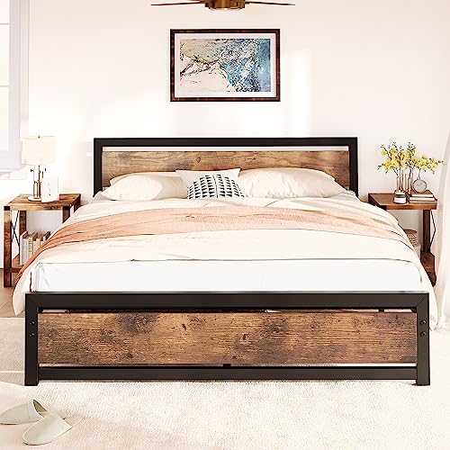 Amyove King Size Bed Frame with Wooden Headboard, 14 inch King Metal Bed Platform No Box Spring Needed with Heavy Duty Steel Slat, Easy to Assemble Noise Free Mattress Foundation - King