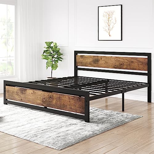 Amyove Queen Size Bed Frame with Wooden Headboard, 14 inch Queen Metal Bed Platform No Box Spring Needed with Heavy Duty Steel Slat, Easy to Assemble Noise Free Mattress Foundation - Queen