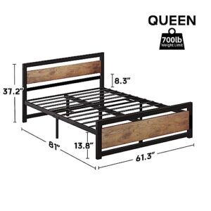 Amyove Queen Size Bed Frame with Wooden Headboard, 14 inch Queen Metal Bed Platform No Box Spring Needed with Heavy Duty Steel Slat, Easy to Assemble Noise Free Mattress Foundation - Queen