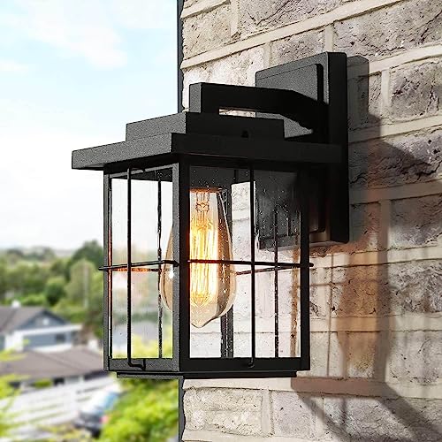 Black Outdoor Wall Lights, Farmhouse Exterior Wall Sconces Light Fixture with Seeded Glass, Modern Square Waterproof Lanterns for Front Door, Entry, Porch, Patio, and Gazebo