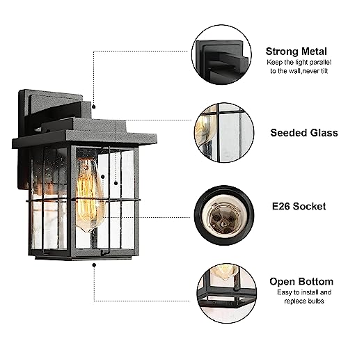 Black Outdoor Wall Lights, Farmhouse Exterior Wall Sconces Light Fixture with Seeded Glass, Modern Square Waterproof Lanterns for Front Door, Entry, Porch, Patio, and Gazebo