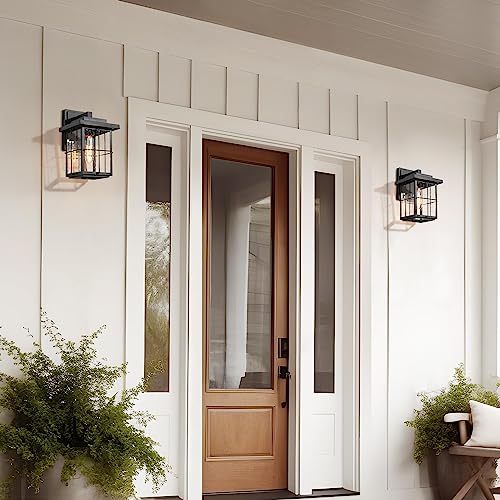 Black Outdoor Wall Lights, Farmhouse Exterior Wall Sconces Light Fixture with Seeded Glass, Modern Square Waterproof Lanterns for Front Door, Entry, Porch, Patio, and Gazebo