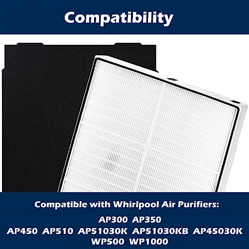 Goodsby Replacement 1x HEPA Filter + 4x Pre Motor Carbon Filters for Whirlpool Whispure AP300 AP350 AP450 AP510 AP51030KB AP45030K WP500 WP1000 Air Purifiers 1183054 1183054K 8171434K