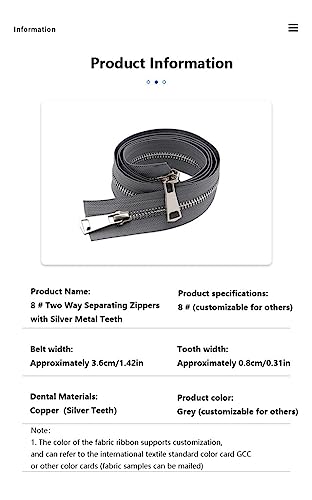 1PCS #8 30inch Two Way Separating Zippers(Open-end Zipper) for Jackets Sewing Coats Crafts,Silver Metal Teeth（Grey Belt-30in 1PCS）