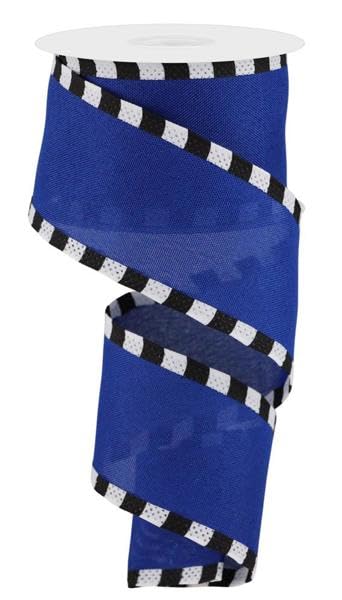 Solid Canvas Ribbon with Striped Wired Edge, 2.5" x 10 Yards (Royal Blue, Black, White)