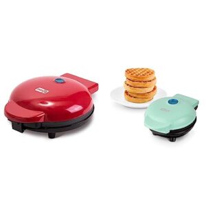 dash 8” express electric round griddle, red & mini maker for individual waffles, hash browns, keto chaffles with easy to clean, non-stick surfaces, 4 inch, aqua