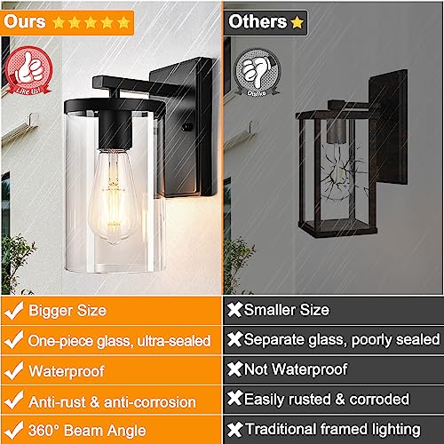 【Upgraded】 Outdoor Wall Lantern, Exterior Waterproof Wall Sconce Light Fixture, Matte Black Rustproof Porch Lights Wall Mounted Lighting with Clear Glass Shade & E26 Socket for Patio Garage, 2-Pack