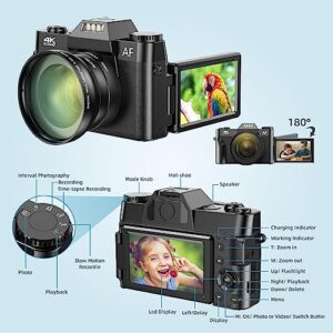 4K Vlogging Camera for YouTube, 48MP Digital Camera for Photography with 3”Flip Screen, 16x Digital Zoom and Video Autofocus Anti-Shake, Wide Angle Lens, Macro Lens, 2 Batteries, 32GB Micro SD Card