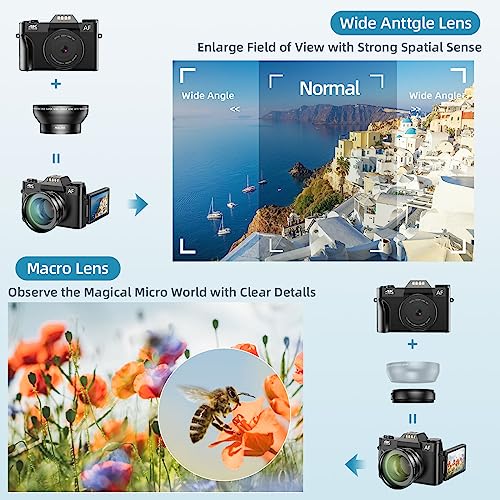 4K Vlogging Camera for YouTube, 48MP Digital Camera for Photography with 3”Flip Screen, 16x Digital Zoom and Video Autofocus Anti-Shake, Wide Angle Lens, Macro Lens, 2 Batteries, 32GB Micro SD Card