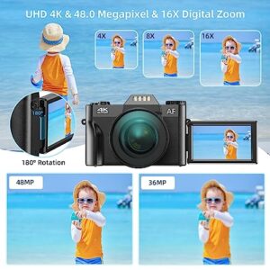 4K Vlogging Camera for YouTube, 48MP Digital Camera for Photography with 3”Flip Screen, 16x Digital Zoom and Video Autofocus Anti-Shake, Wide Angle Lens, Macro Lens, 2 Batteries, 32GB Micro SD Card