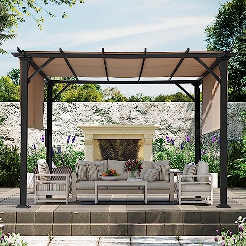 LATTOY 10x10FT Outdoor Pergola with Sun Shade Canopy on Top and Sides, Aluminum Frame, Modern Patio Pavilion Grill Gazebo with Weather-Resistant Fabric for Patio, Garden Deck Lawn, Beige