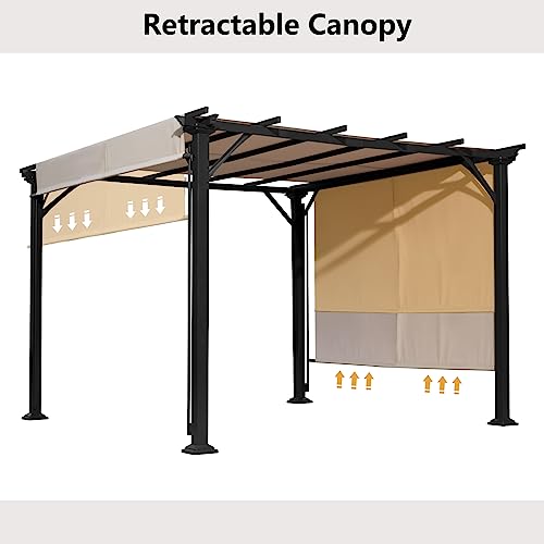 LATTOY 10x10FT Outdoor Pergola with Sun Shade Canopy on Top and Sides, Aluminum Frame, Modern Patio Pavilion Grill Gazebo with Weather-Resistant Fabric for Patio, Garden Deck Lawn, Beige