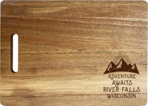 river falls wisconsin camping souvenir engraved wooden cutting board 14" x 10" acacia wood adventure awaits design