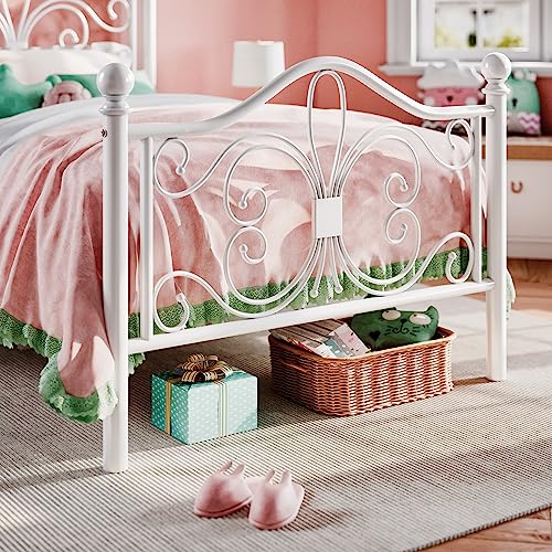 SHA CERLIN Twin Size Bed Frame for Kids,Metal Bed Frame with Butterfly Pattern Design Headboard & Footboard,No Box Spring Needed,Easy Assembly,White