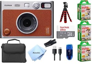 fujifilm instax mini evo hybrid camera (brown) bundle with 60 instant film sheets + 32gb memory card + small padded case + sd card reader + flex tripod + bluebirdsales microfiber cleaning cloth