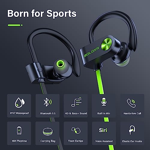 BOLOXA Bluetooth Headphones 5.3 Wireless Earbuds IPX7 Waterproof & 16Hrs Long Battery Over-Ear Stereo Bass Earphones with Earhooks Running Headset with Mic & Storage Bag for Workout Gym Sports Black