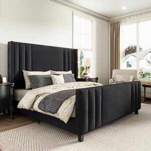 amerlife king size bed frame, velvet upholstered platform bed with vertical channel tufted headboard & footboard/wingback, mattress foundation with wood slats, no box spring needed, black