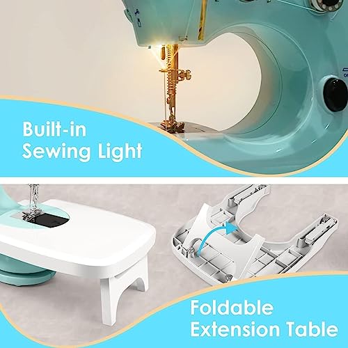 Sewing Machine Portable, 2-Speed Mini Sewing Machine for Beginners, Safe Sewing Kit & Easy to Use Small Sewing Machine with Extension Table, Light, Foot Pedal, Best Gift for Kids Women and Household