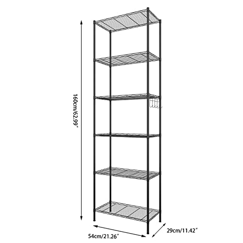 Himimi 6-Tier Wire Shelving Unit, Adjustable Metal Storage Rack with Wire Shelves, Versatile Wire Shelving Rack for Tall and Narrow Storage, Steel Storage Shelves for Organization & Side Hooks, Black