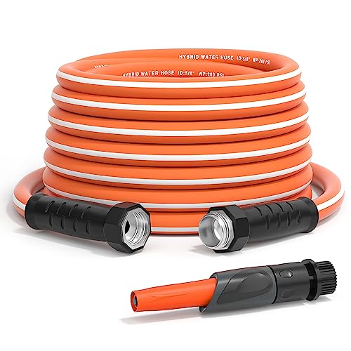 GREENER Heavy Duty Garden Hose 50ft, 5/8" Flexible Hybrid Rubber Hose, Kink-resistant Water Hose with Leakproof Swivel Grip, 3/4in Solid Fittings and Functional Nozzle, For Outdoor Garden Lawn