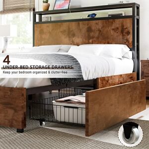 LUXOAK King Size Bed Frame with 4 Storage Drawers, Wooden Platform Bed with 2-Tires Storage Headboard and Charging Station, Noise Free/No Box Spring Needed/Rustic Brown