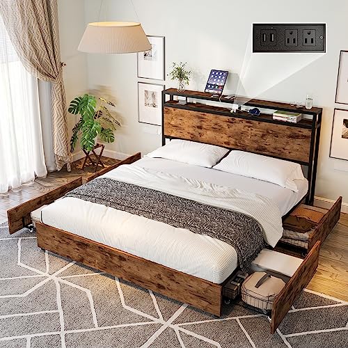 LUXOAK King Size Bed Frame with 4 Storage Drawers, Wooden Platform Bed with 2-Tires Storage Headboard and Charging Station, Noise Free/No Box Spring Needed/Rustic Brown