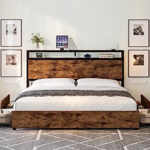 LUXOAK King Size Bed Frame with 4 Storage Drawers, Wooden Platform Bed with 2-Tires Storage Headboard and Charging Station, Noise Free/No Box Spring Needed/Rustic Brown