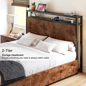 LUXOAK King Size Bed Frame with 4 Storage Drawers, Wooden Platform Bed with 2-Tires Storage Headboard and Charging Station, Noise Free/No Box Spring Needed/Rustic Brown