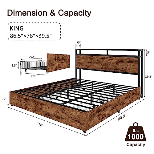 LUXOAK King Size Bed Frame with 4 Storage Drawers, Wooden Platform Bed with 2-Tires Storage Headboard and Charging Station, Noise Free/No Box Spring Needed/Rustic Brown