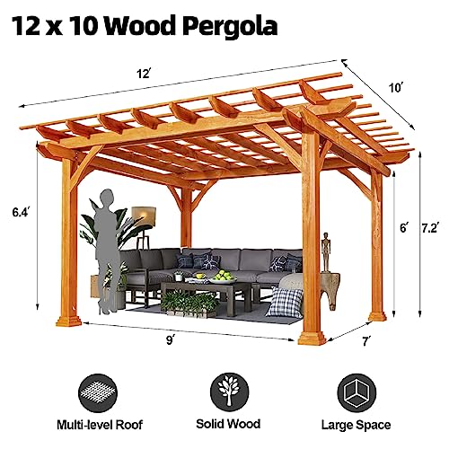 Outdoor Pergola 12'x10' Wood Patio Gazebo with Durable, Rot Resistant, Stability Structure, Snow and Wind Supported, Pavilion Grape Trellis for Porch Garden Backyard Deck Patio (White)