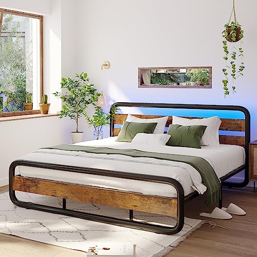 HOMFAMILIA LED King Size Metal Bed Frame with Wooden Headboard & Footboard, Heavy-Duty Metal Oval-Shaped Platform Bed Frame w/LED Lights & Under-Bed Storage, Noise Free, No Box Spring Needed, Brown