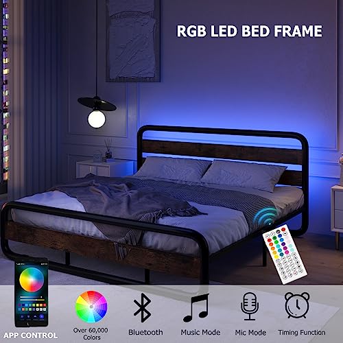 HOMFAMILIA LED King Size Metal Bed Frame with Wooden Headboard & Footboard, Heavy-Duty Metal Oval-Shaped Platform Bed Frame w/LED Lights & Under-Bed Storage, Noise Free, No Box Spring Needed, Brown