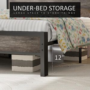 AMERLIFE Queen Size Bed Frame Industrial Platform Bed with Charging Station, 2-Tier Storage Headboard/No Box Spring Needed/Noise-Free/Rustic Grey