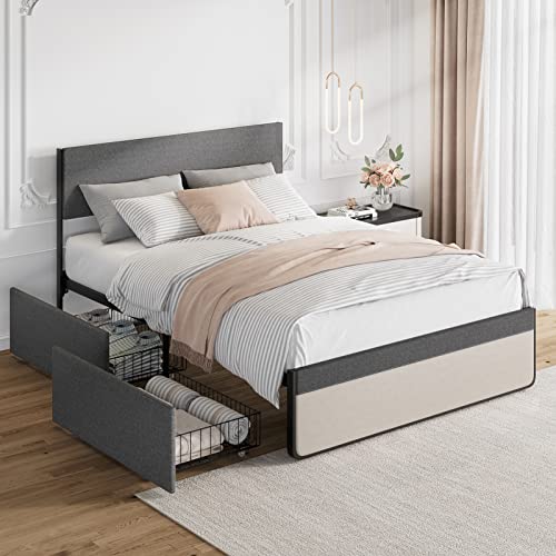 Amyove Queen Size Bed Frame with 2 Storage Drawers, Grey Queen Platform Upholstered Bed Frame with Headboard, Mattress Foundation with Steel Slats Support, No Box Spring Needed (Queen)