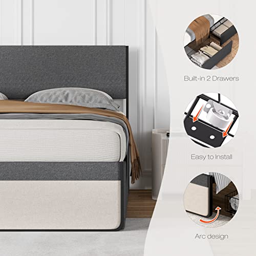 Amyove Queen Size Bed Frame with 2 Storage Drawers, Grey Queen Platform Upholstered Bed Frame with Headboard, Mattress Foundation with Steel Slats Support, No Box Spring Needed (Queen)