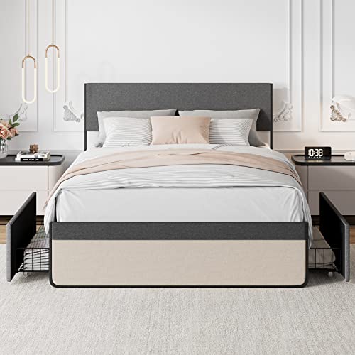 Amyove Queen Size Bed Frame with 2 Storage Drawers, Grey Queen Platform Upholstered Bed Frame with Headboard, Mattress Foundation with Steel Slats Support, No Box Spring Needed (Queen)