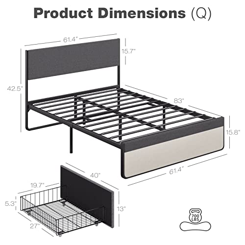 Amyove Queen Size Bed Frame with 2 Storage Drawers, Grey Queen Platform Upholstered Bed Frame with Headboard, Mattress Foundation with Steel Slats Support, No Box Spring Needed (Queen)