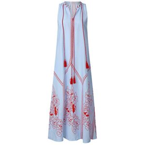 Womens Sundress Long Women Vintage Daily Casual Sleeveless Cotton-Blend Printed Floral Daily Wear Dresses for Women Blue