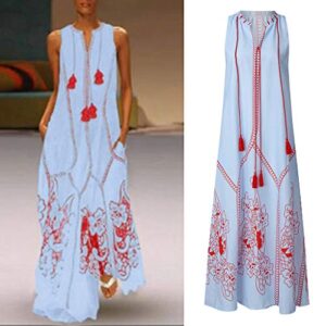 Womens Sundress Long Women Vintage Daily Casual Sleeveless Cotton-Blend Printed Floral Daily Wear Dresses for Women Blue