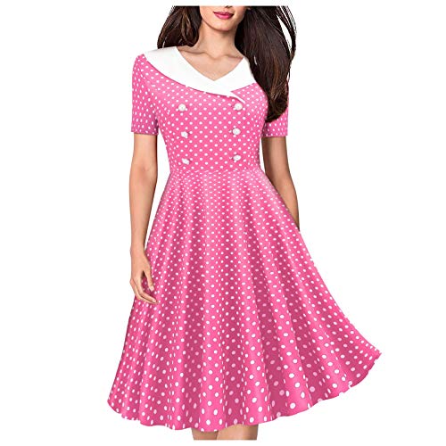 Short Dresses for Teens Women Fashion Short Sleeve V-Neck Wave Point Printing Short Sleeve Dressy Fall Dresses for Women Pink