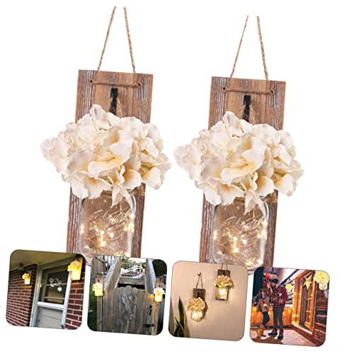 Housoutil Decorative Wood Panel Lights Table Top Decor Outdoor Wall Light Outdoor Candle Solar Powered Jar Lights Wall Art Mason Jar Lights Rustic Sconces Retro Wall Lamp Wall Hanging Light