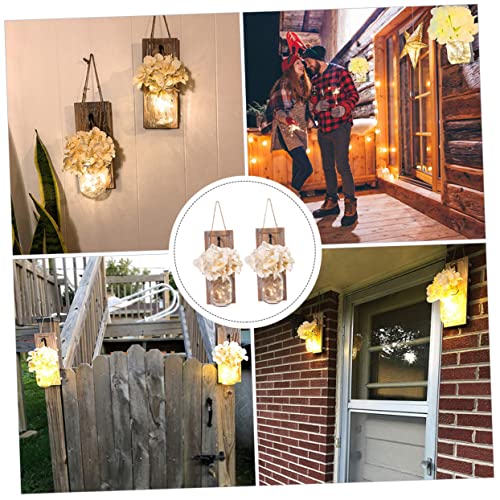 Housoutil Decorative Wood Panel Lights Table Top Decor Outdoor Wall Light Outdoor Candle Solar Powered Jar Lights Wall Art Mason Jar Lights Rustic Sconces Retro Wall Lamp Wall Hanging Light