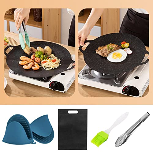 Griddle Induction Cooktop, Iron Multipurpose Flat Induction Frying Pan for Barbecue Platewith Oil Brush Food holder and Anti Scald Gloves, Non-Stick Coating and Uniform Heat Conduction for Induction