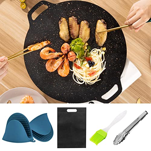 Griddle Induction Cooktop, Iron Multipurpose Flat Induction Frying Pan for Barbecue Platewith Oil Brush Food holder and Anti Scald Gloves, Non-Stick Coating and Uniform Heat Conduction for Induction