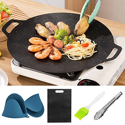 Griddle Induction Cooktop, Iron Multipurpose Flat Induction Frying Pan for Barbecue Platewith Oil Brush Food holder and Anti Scald Gloves, Non-Stick Coating and Uniform Heat Conduction for Induction